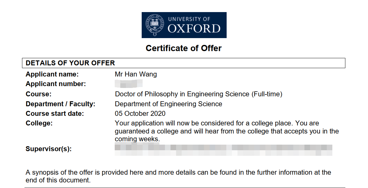 Han Wang has received Ph.D offer of University of Oxford ...